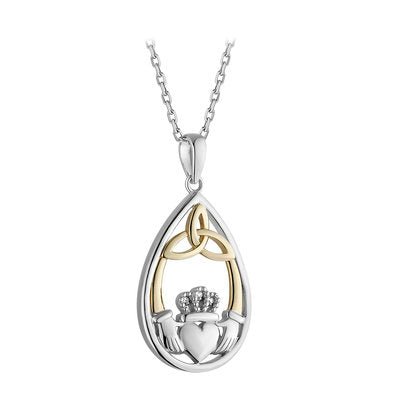 Silver And 10K Gold Diamond Oval Claddagh Pendant - Celtic Collections Jewelry