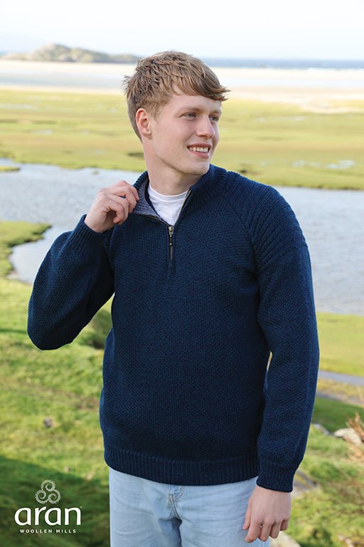 Blue Aran Half Zip Merino Wool Sweater - Celtic Collections